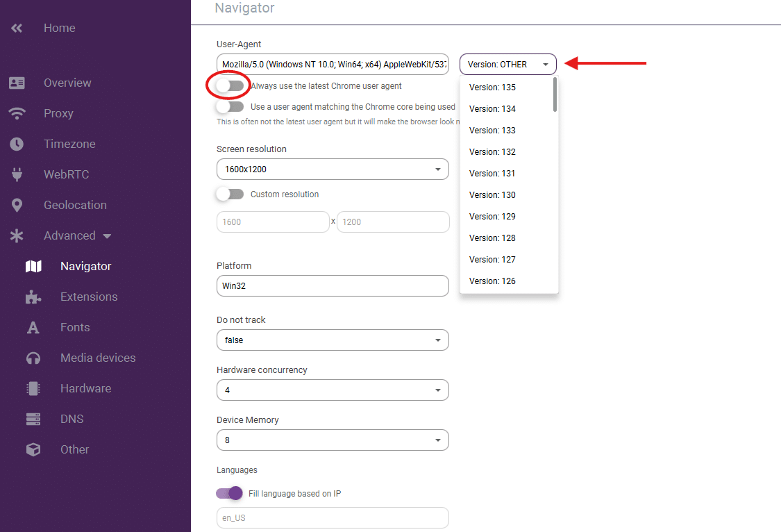 Guide - How to edit navigator settings of a browser profile